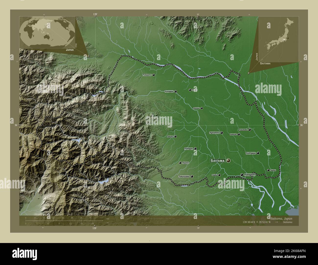 Saitama, prefecture of Japan. Elevation map colored in wiki style with ...
