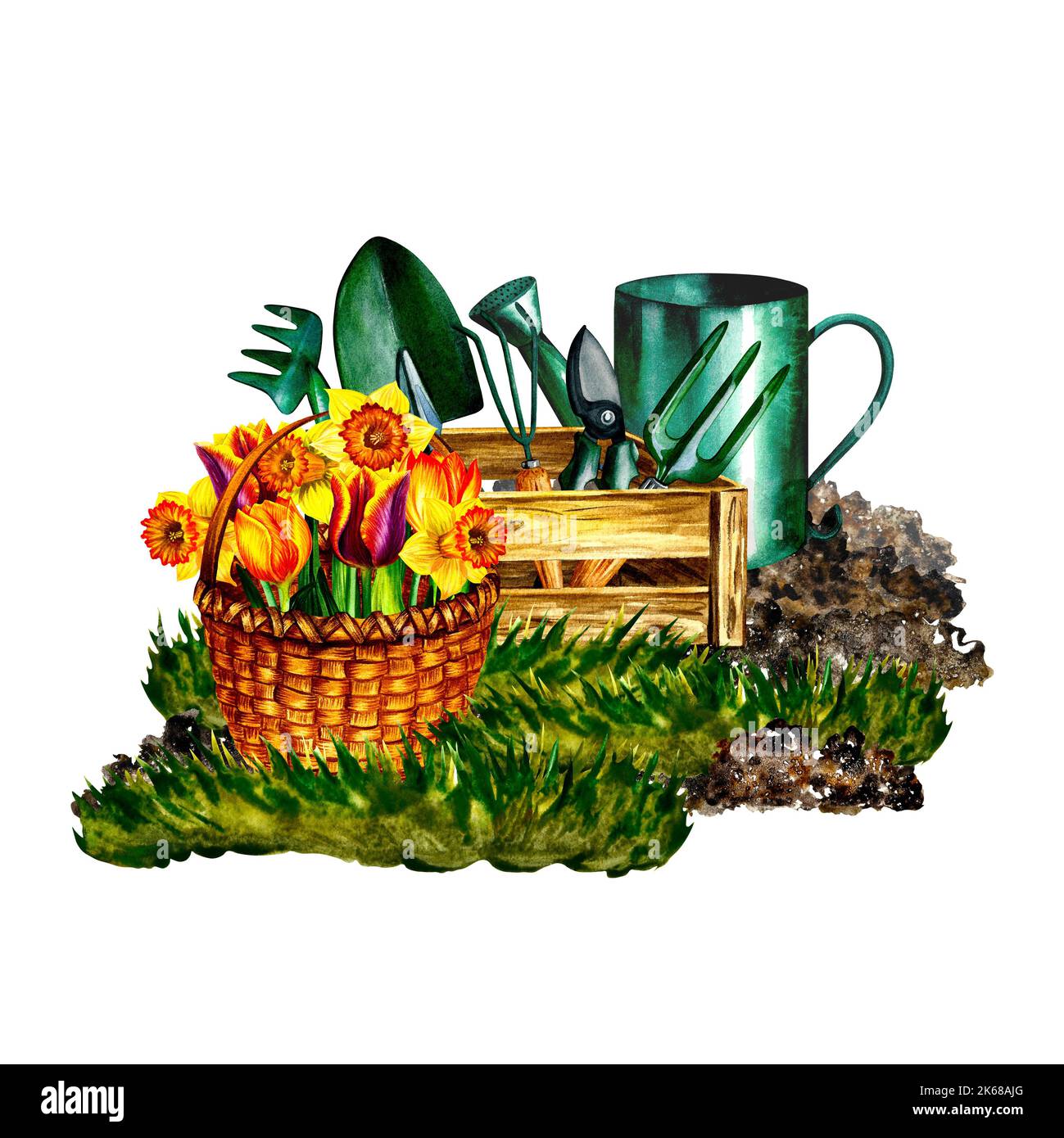 Gardening. Composition with garden tools and spring flowers. Watercolor ...