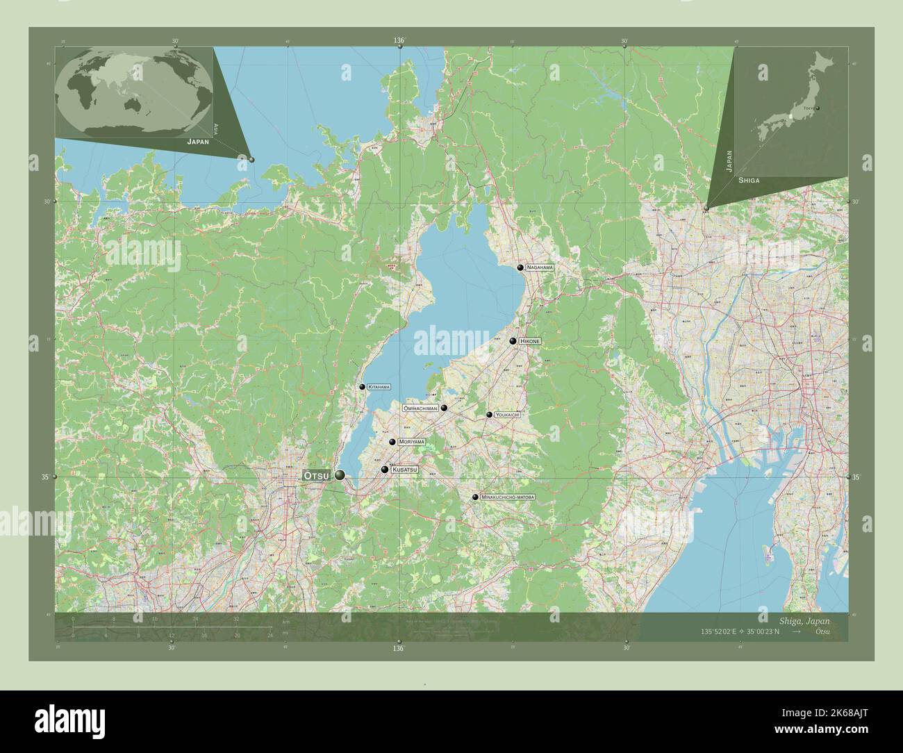 Shiga, prefecture of Japan. Open Street Map. Locations and names of ...