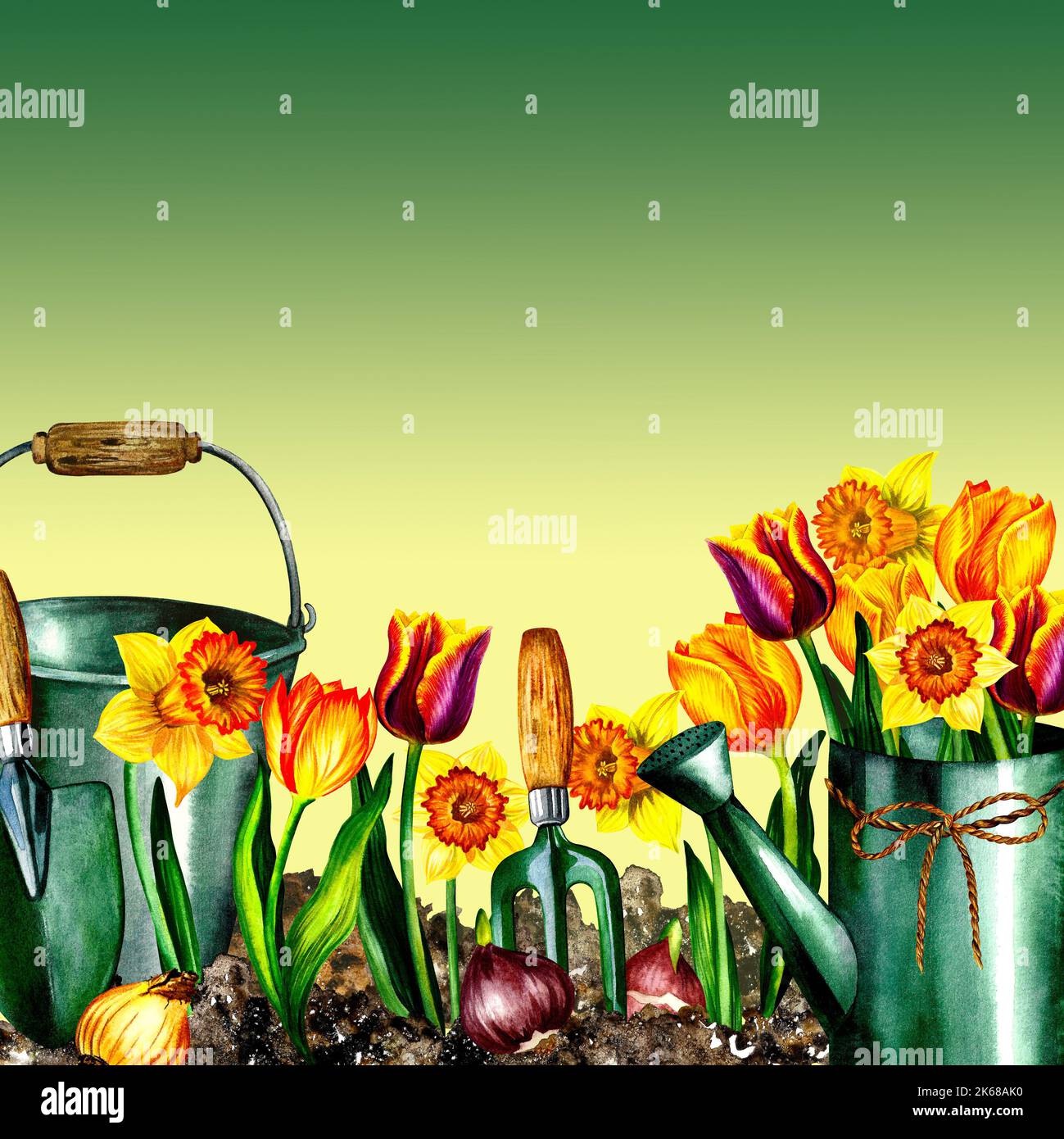 Gardening. Banner with garden tools and spring flowers. Watercolor ...