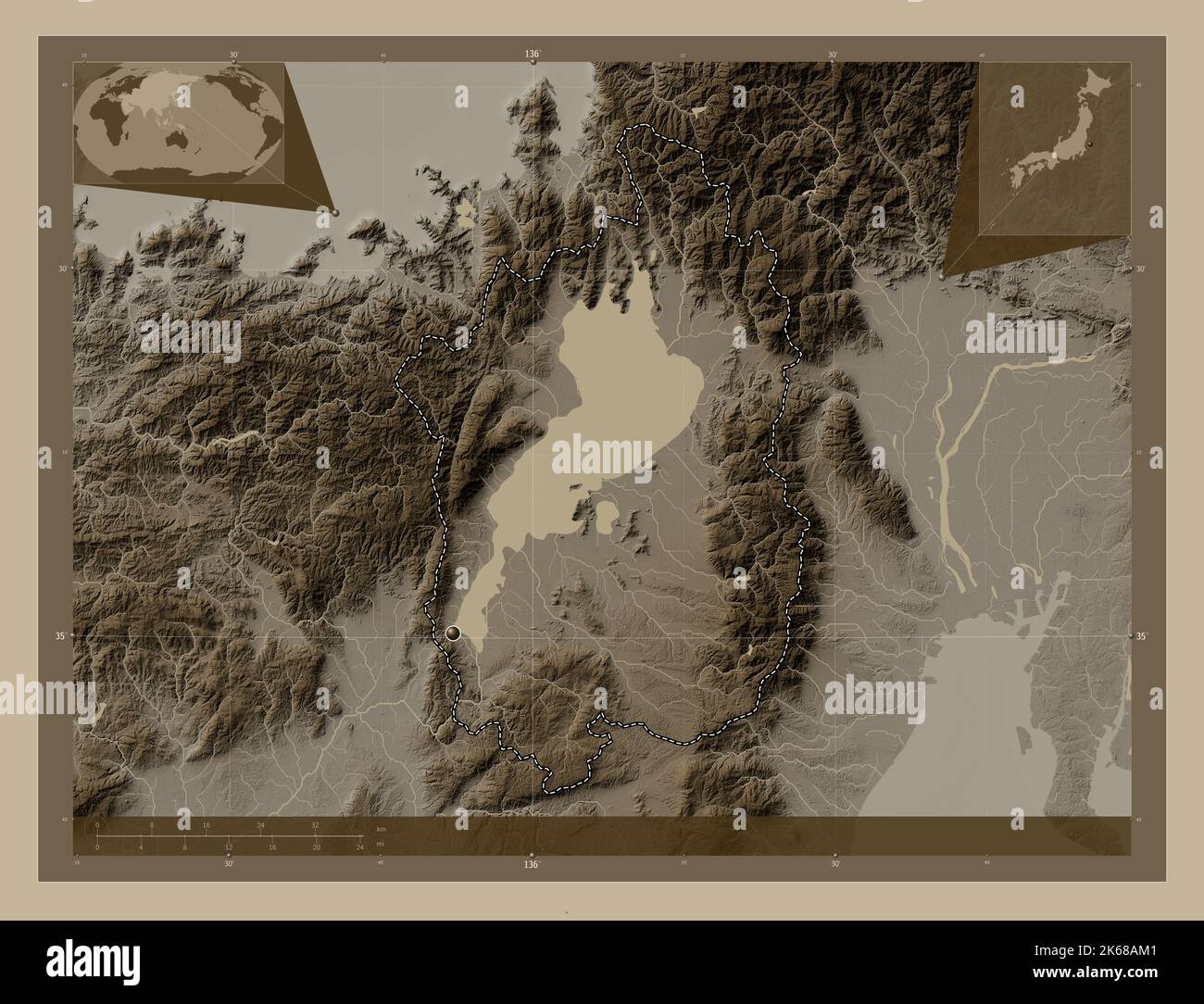 Shiga, prefecture of Japan. Elevation map colored in sepia tones with ...