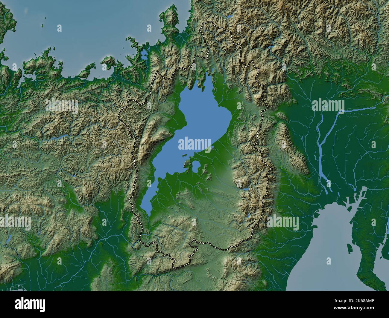 Shiga, prefecture of Japan. Colored elevation map with lakes and rivers ...