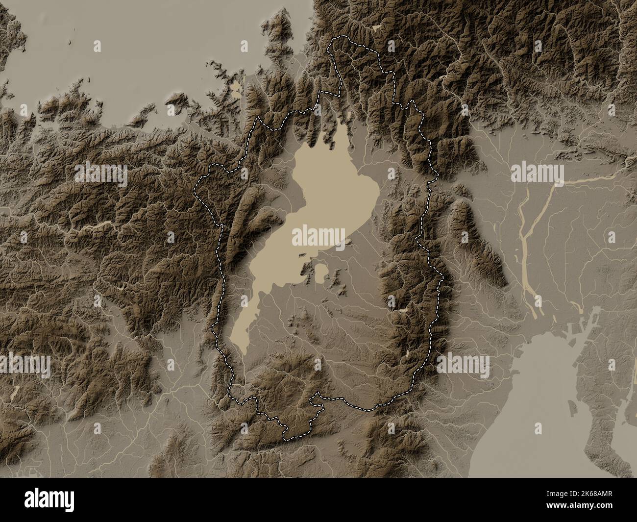 Shiga, prefecture of Japan. Elevation map colored in sepia tones with ...