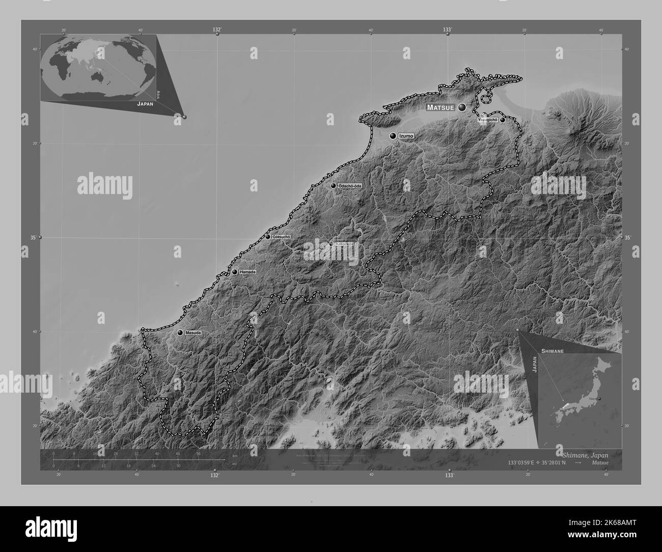 Shimane, prefecture of Japan. Grayscale elevation map with lakes and ...