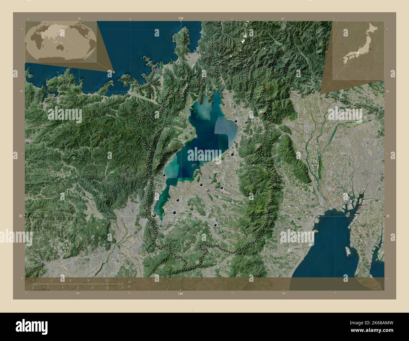 Shiga, prefecture of Japan. High resolution satellite map. Locations of ...