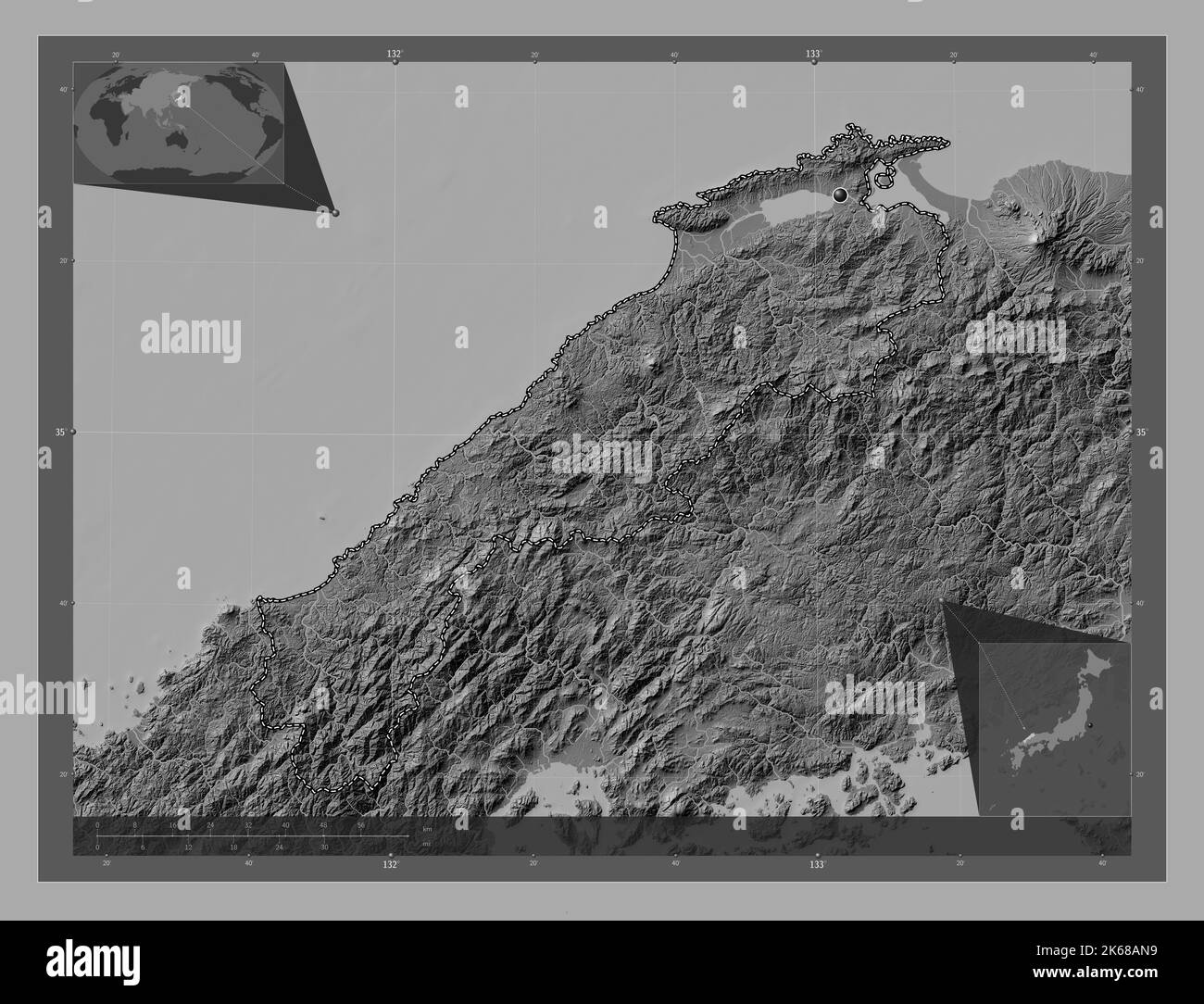 Shimane, prefecture of Japan. Bilevel elevation map with lakes and ...