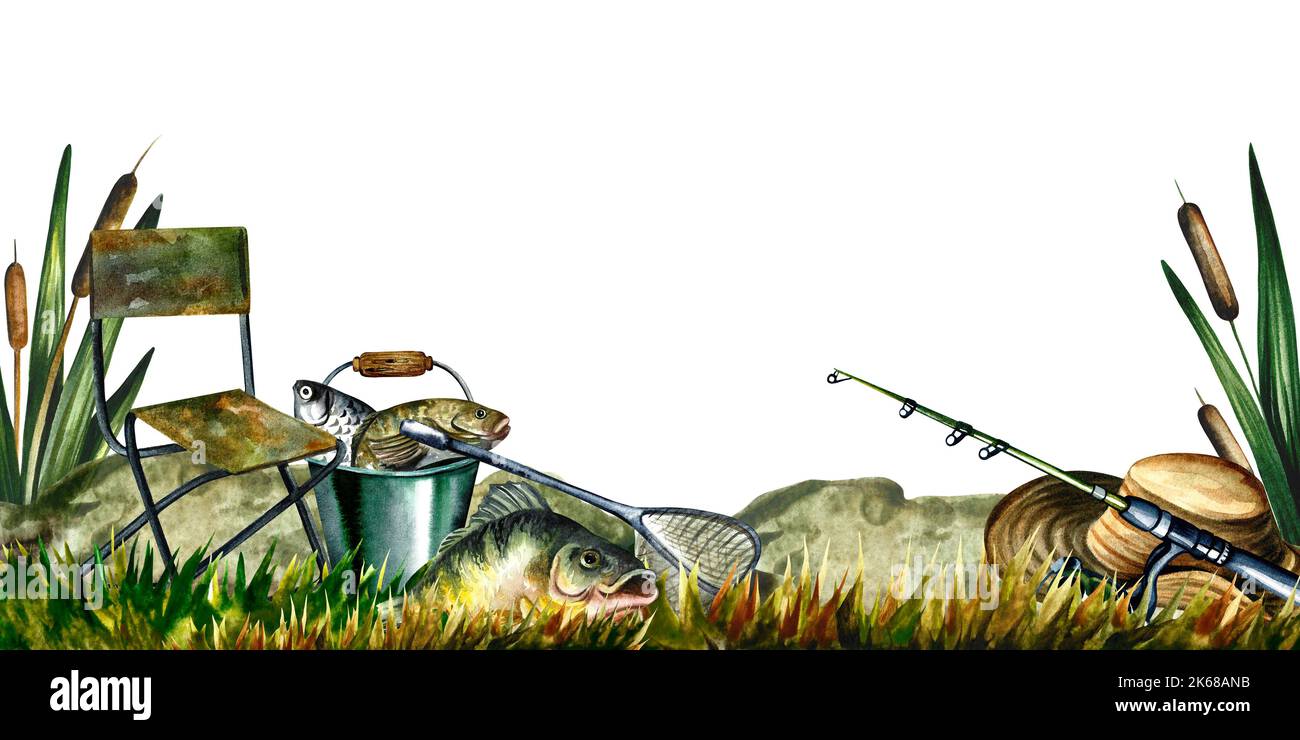 Fishing, banner. Isolate on white background. Watercolor illustration ...