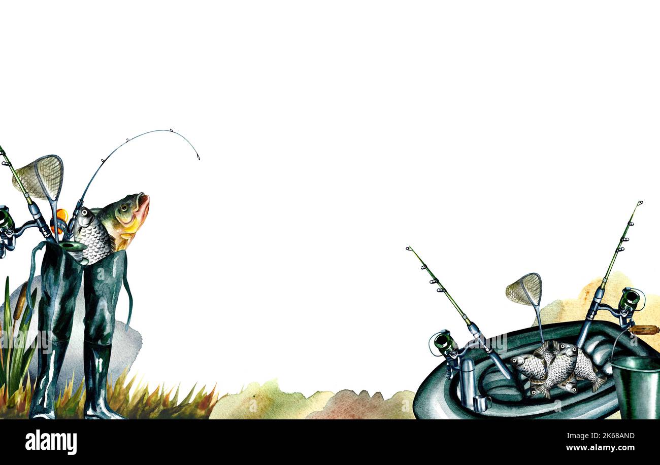 Fishing, banner. Fishing tackle. Fishing rods, boat and rubber boots ...