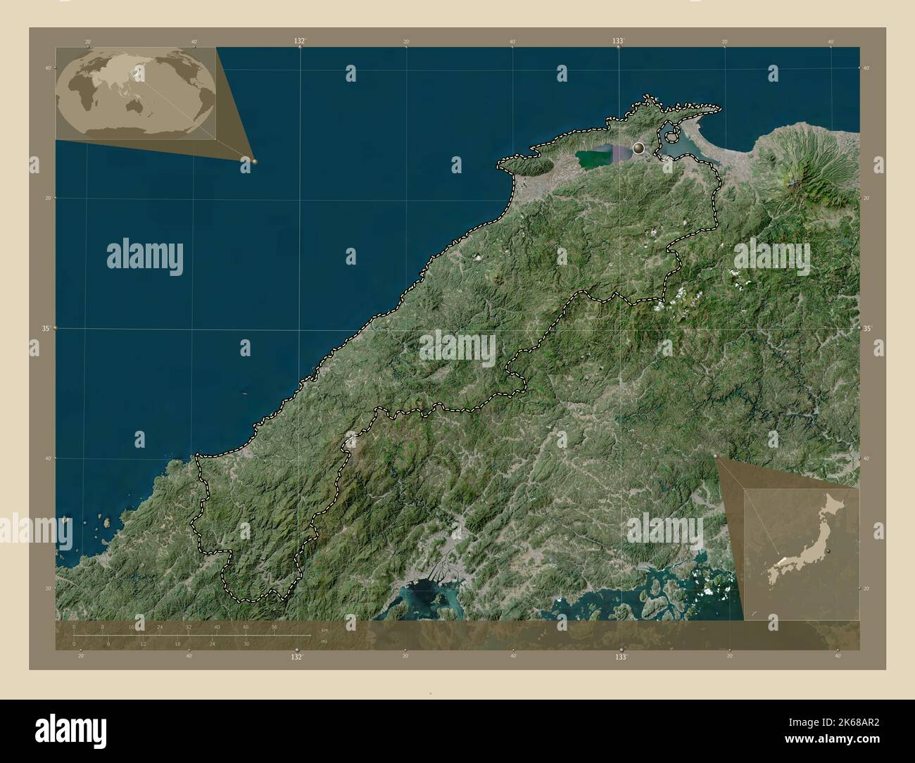 Shimane, prefecture of Japan. High resolution satellite map. Corner ...