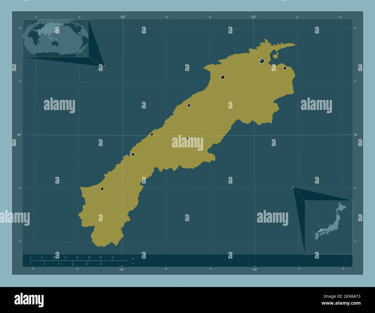 Shimane, prefecture of Japan. Solid color shape. Locations of major ...