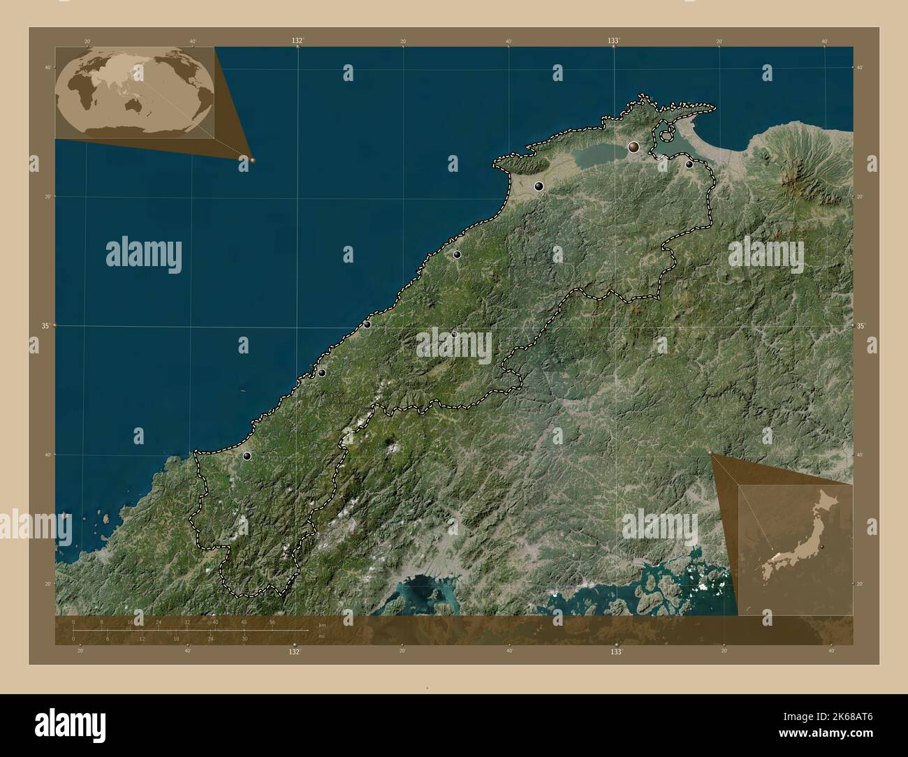 Shimane, prefecture of Japan. Low resolution satellite map. Locations ...