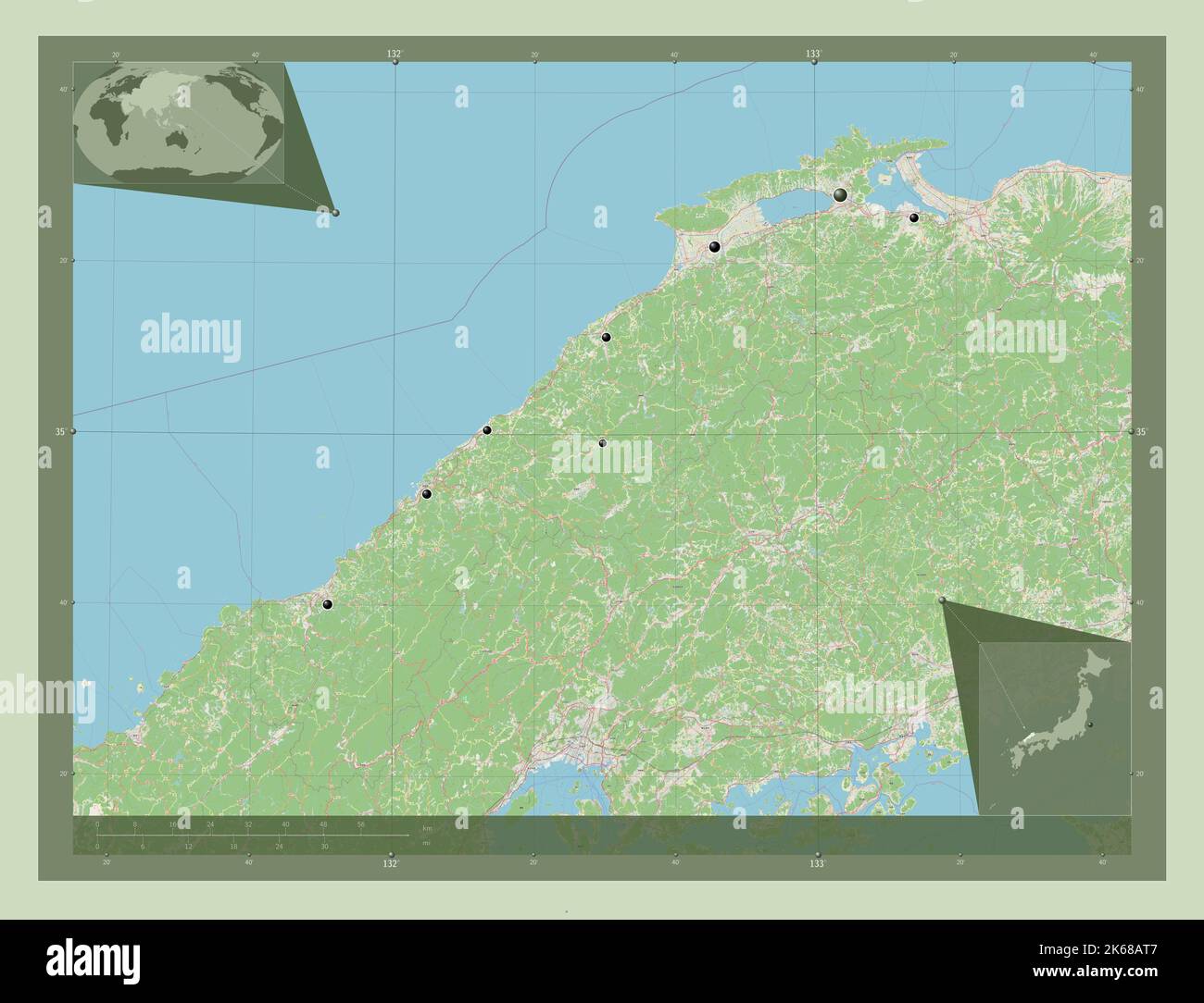 Shimane, prefecture of Japan. Open Street Map. Locations of major ...
