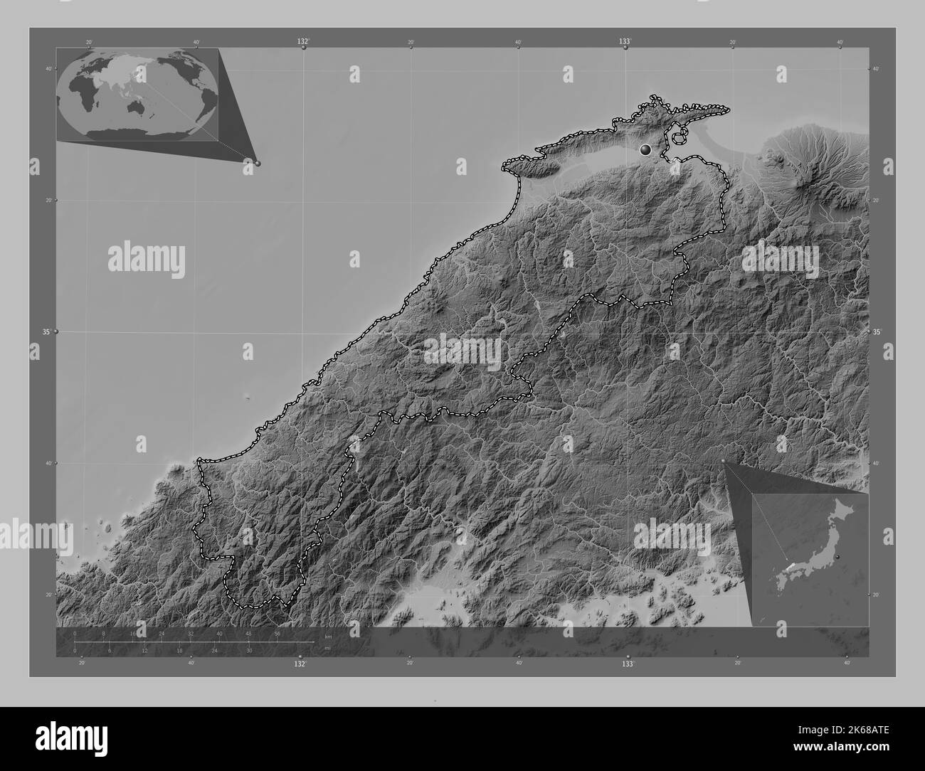 Shimane, prefecture of Japan. Grayscale elevation map with lakes and ...