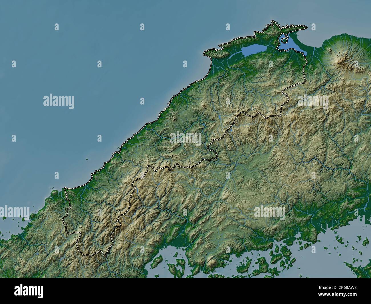 Shimane, prefecture of Japan. Colored elevation map with lakes and ...