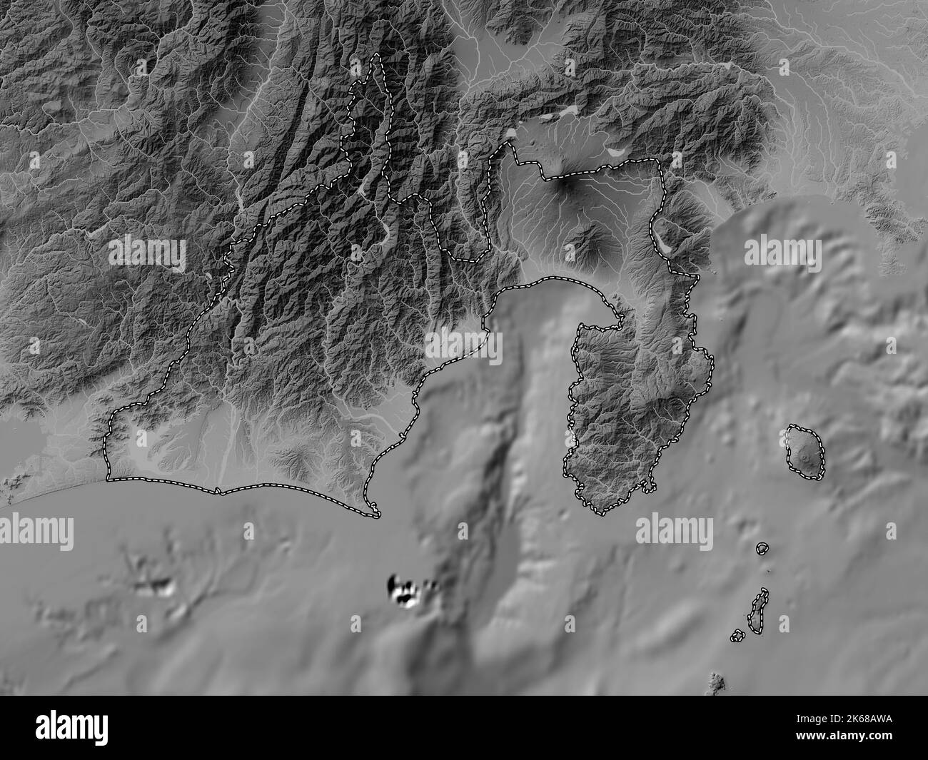 Shizuoka, prefecture of Japan. Grayscale elevation map with lakes and ...