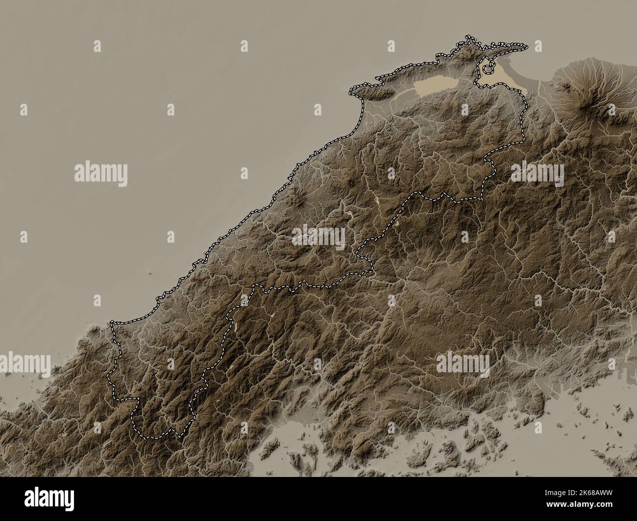 Shimane, prefecture of Japan. Elevation map colored in sepia tones with ...