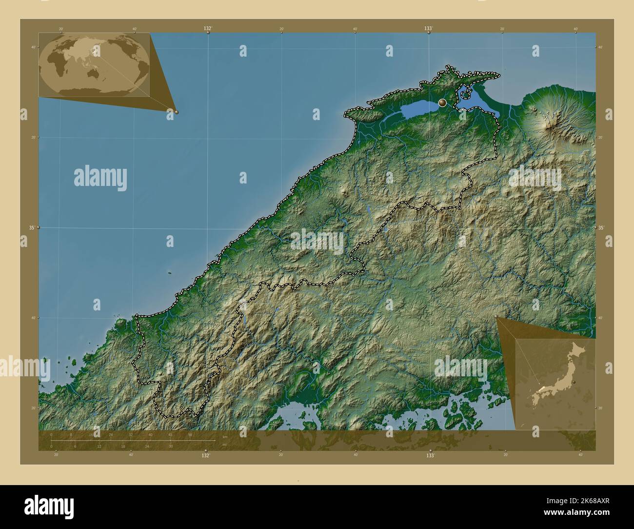 Shimane, prefecture of Japan. Colored elevation map with lakes and ...