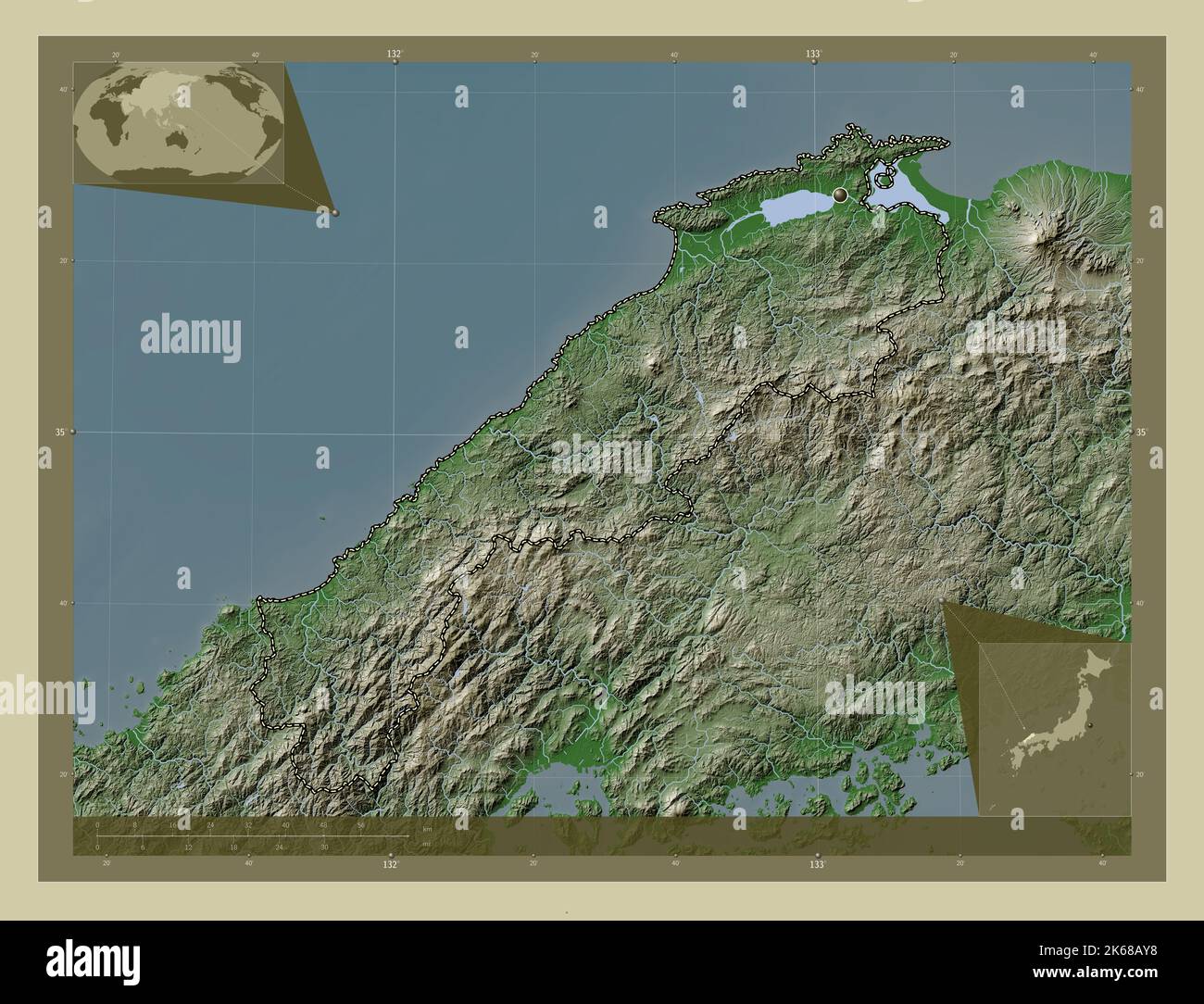 Shimane, prefecture of Japan. Elevation map colored in wiki style with ...
