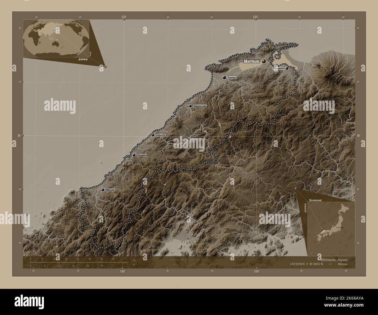 Shimane, prefecture of Japan. Elevation map colored in sepia tones with ...