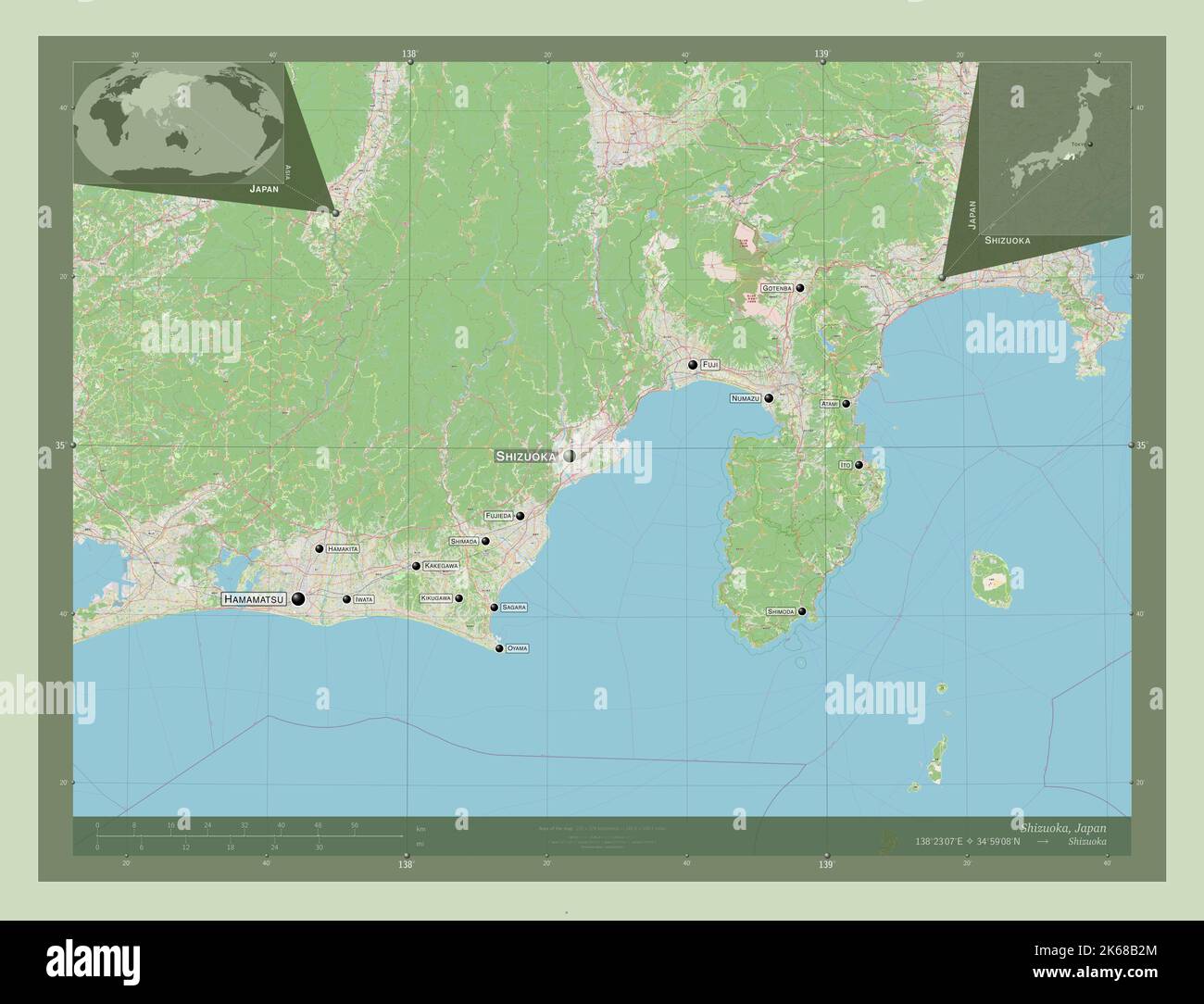 Shizuoka, prefecture of Japan. Open Street Map. Locations and names of ...