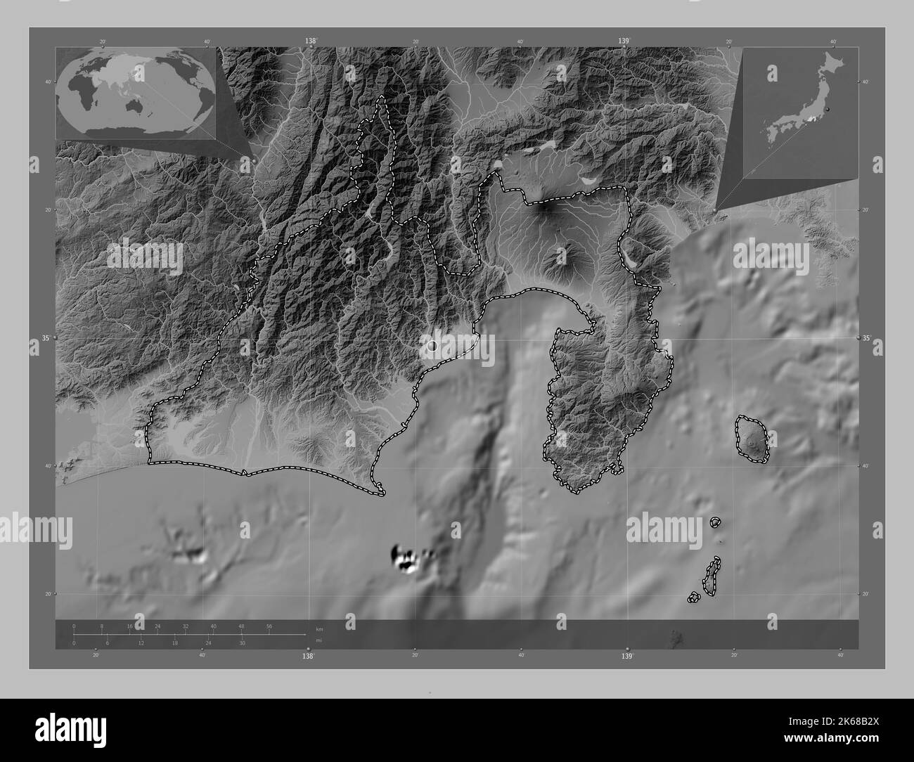 Shizuoka, prefecture of Japan. Grayscale elevation map with lakes and ...