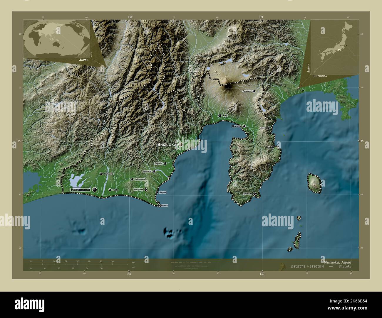 Shizuoka, prefecture of Japan. Elevation map colored in wiki style with ...
