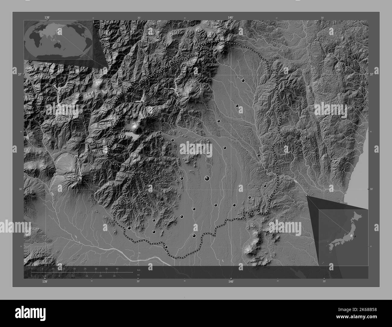 Tochigi, prefecture of Japan. Bilevel elevation map with lakes and ...