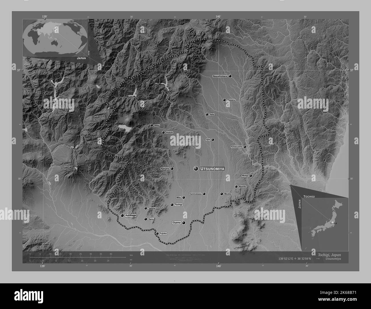 Tochigi, prefecture of Japan. Grayscale elevation map with lakes and ...