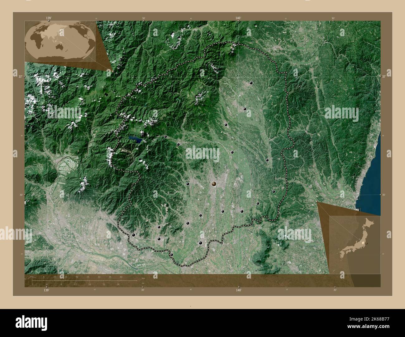 Tochigi, prefecture of Japan. Low resolution satellite map. Locations ...