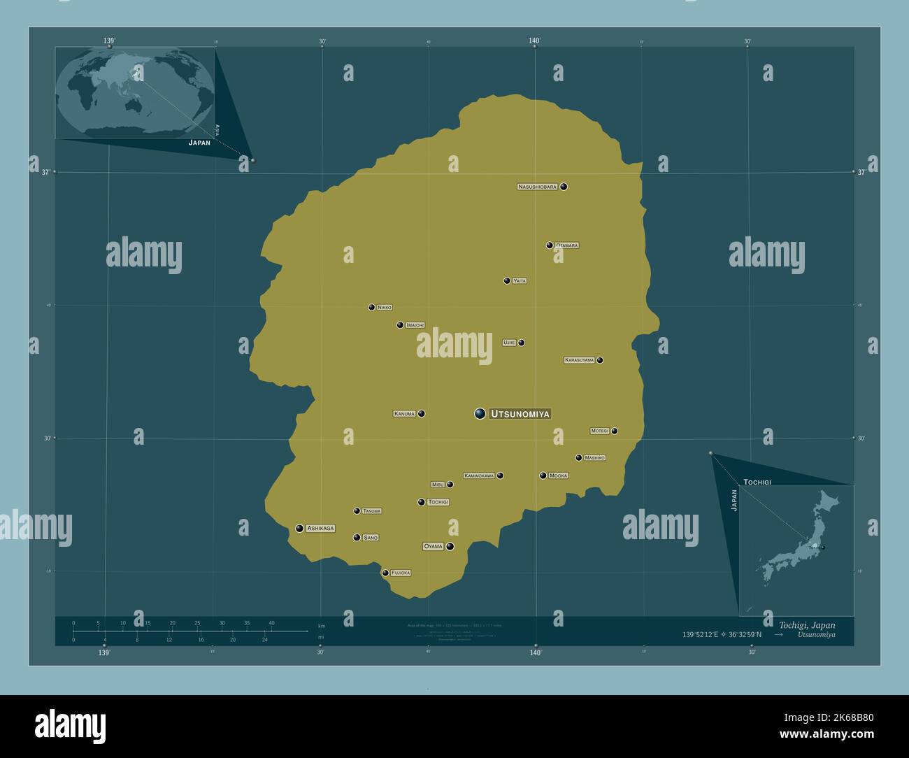 Tochigi, prefecture of Japan. Solid color shape. Locations and names of ...