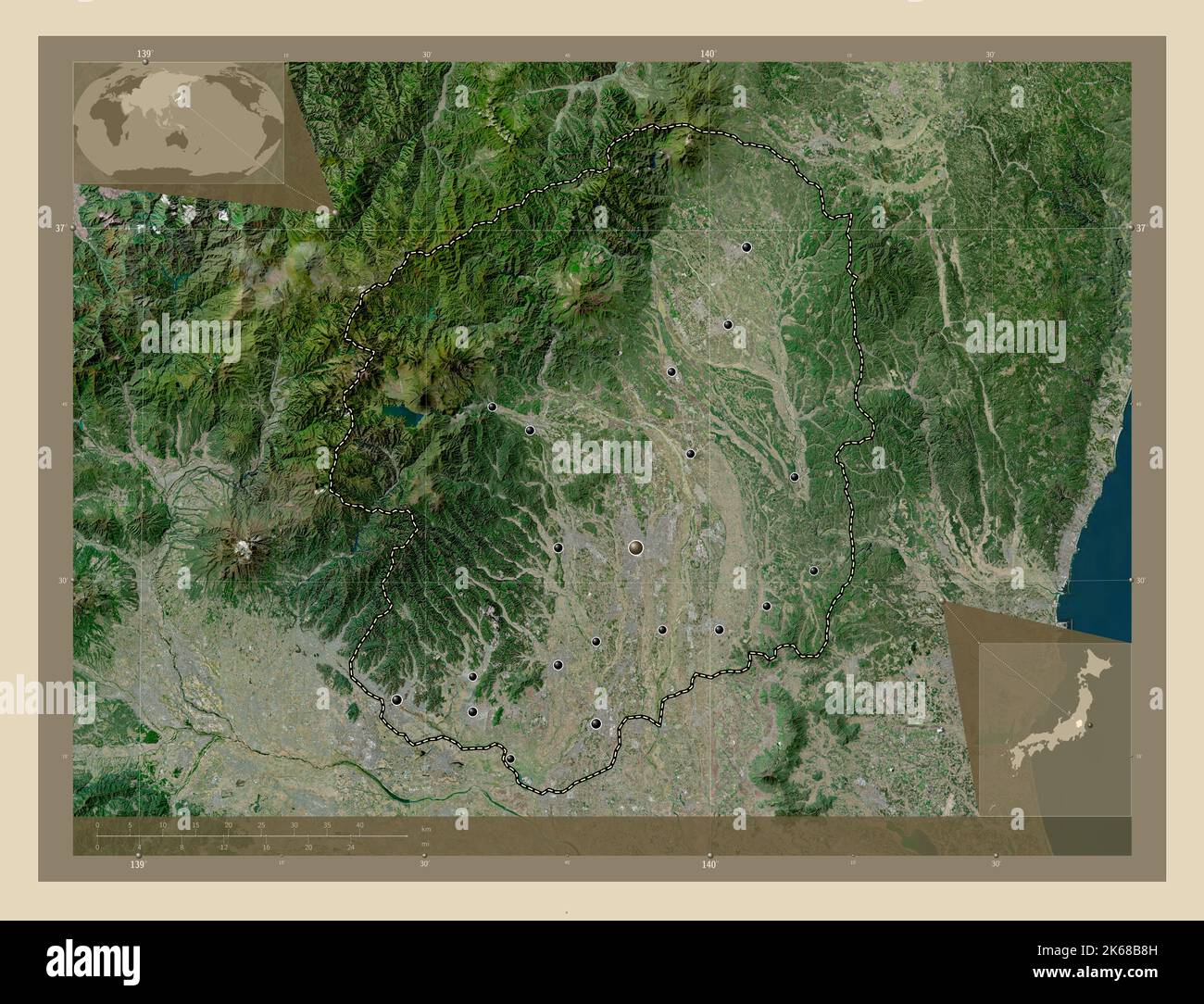 Tochigi, prefecture of Japan. High resolution satellite map. Locations ...