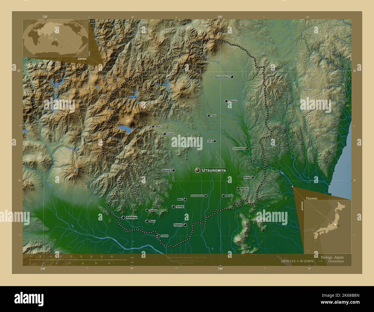 Tochigi, prefecture of Japan. Colored elevation map with lakes and ...