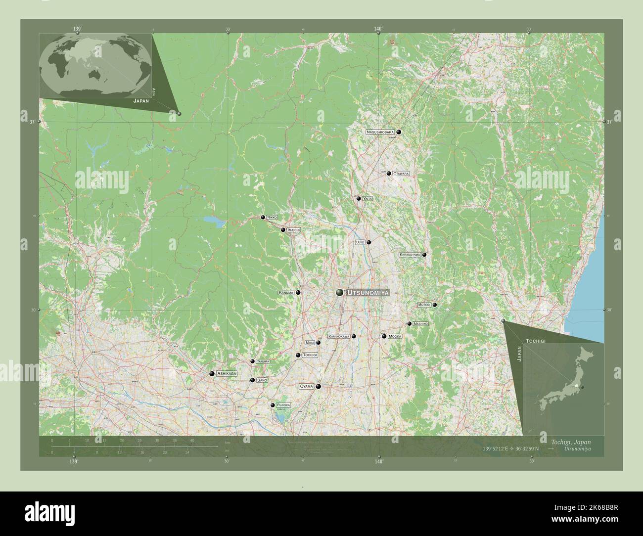 Tochigi, prefecture of Japan. Open Street Map. Locations and names of ...