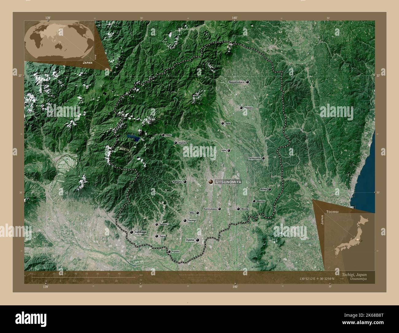 Tochigi, prefecture of Japan. Low resolution satellite map. Locations ...