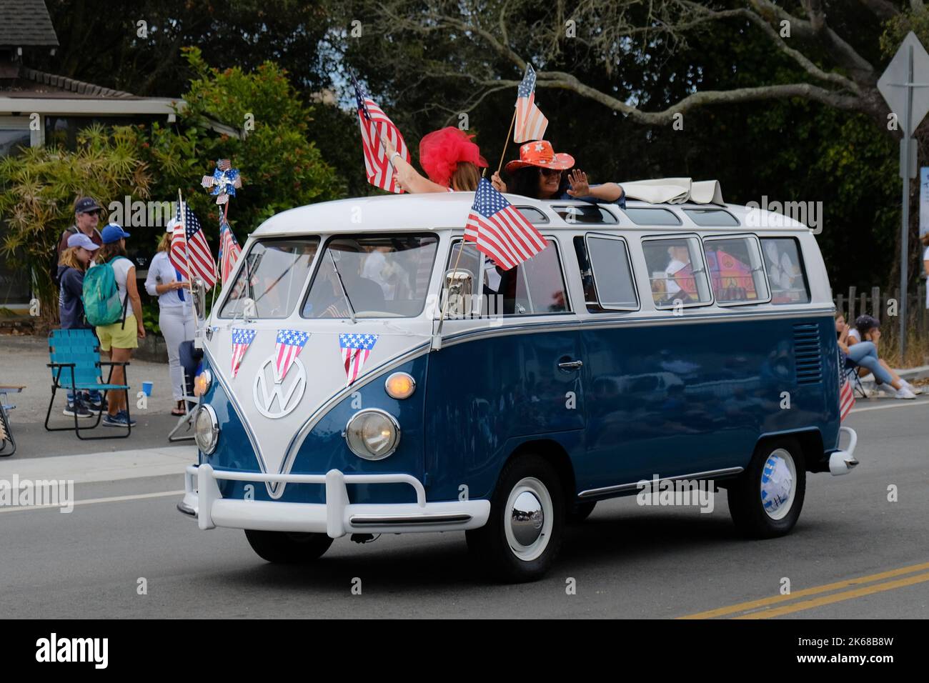 A classic VW bus decorated with the American flag in an independence ...