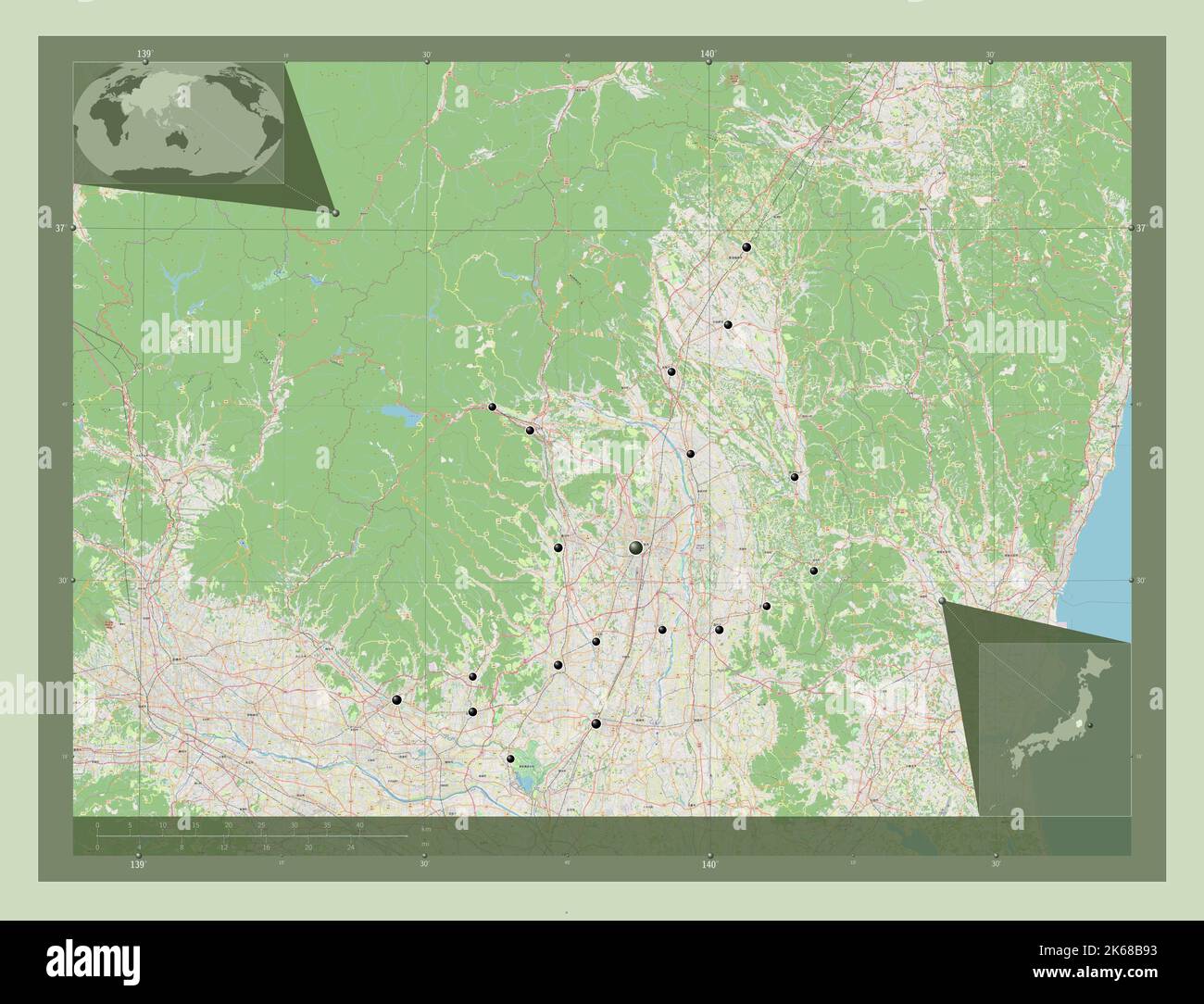 Tochigi, prefecture of Japan. Open Street Map. Locations of major ...