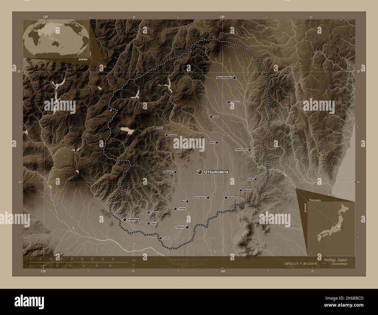 Tochigi, prefecture of Japan. Elevation map colored in sepia tones with ...