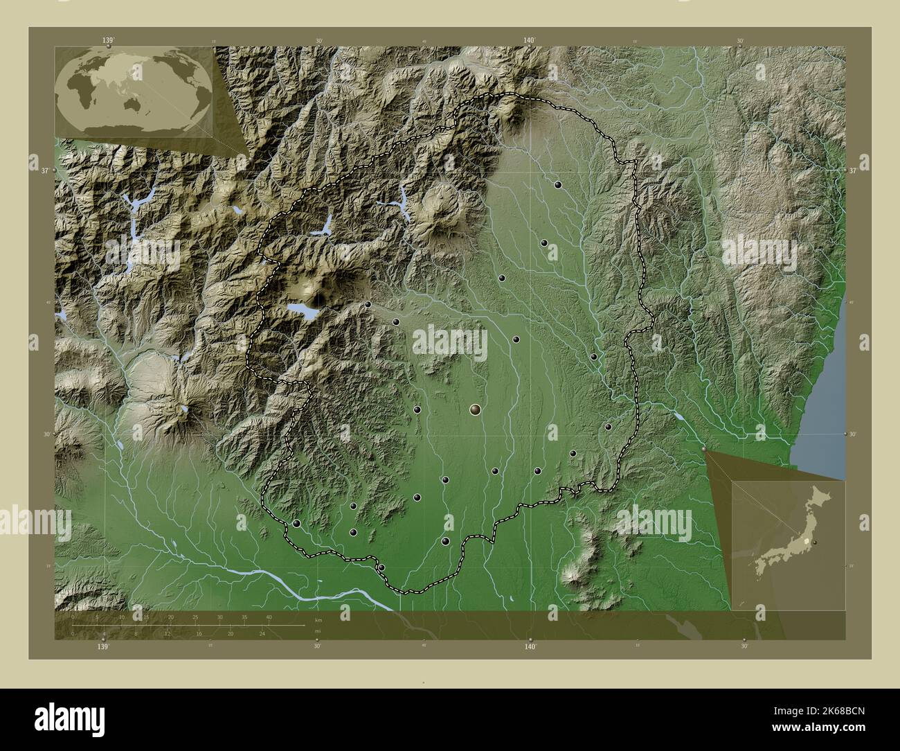 Tochigi, prefecture of Japan. Elevation map colored in wiki style with ...
