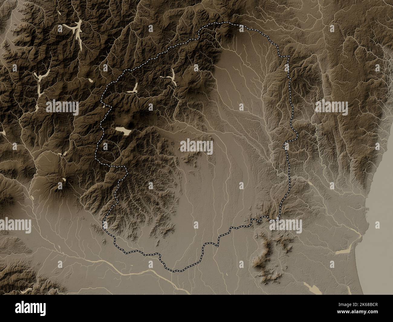 Tochigi, prefecture of Japan. Elevation map colored in sepia tones with ...