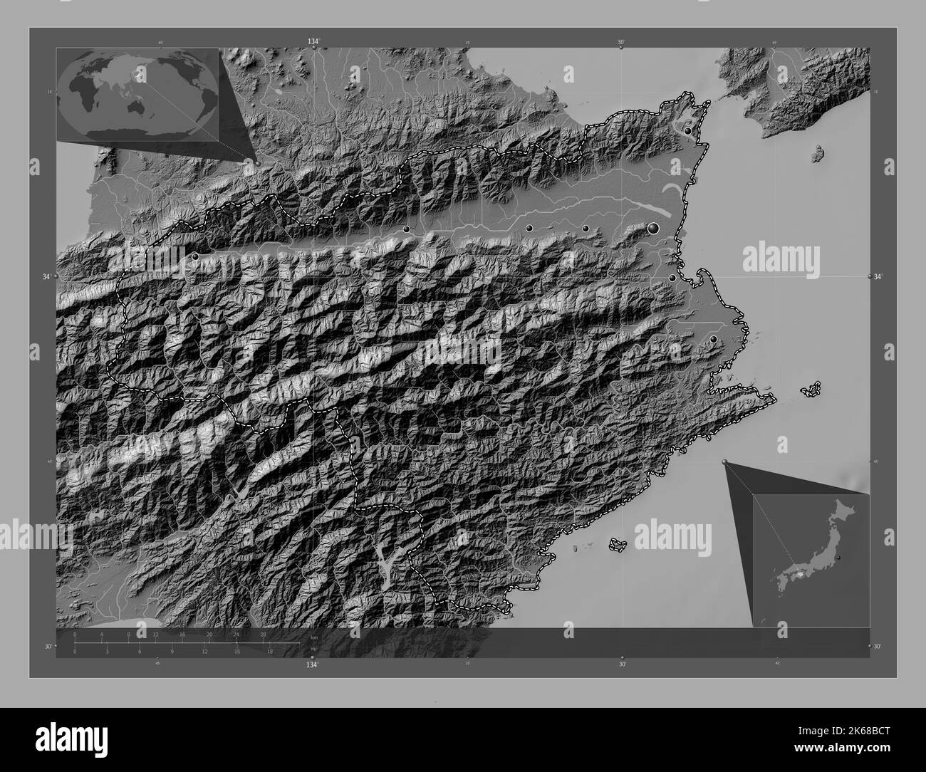 Tokushima, prefecture of Japan. Bilevel elevation map with lakes and ...