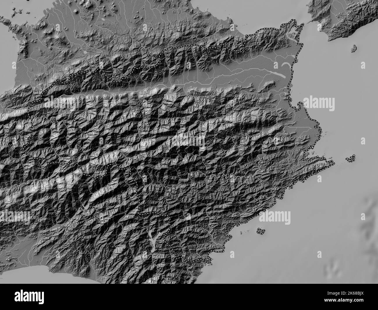 Tokushima, prefecture of Japan. Bilevel elevation map with lakes and ...