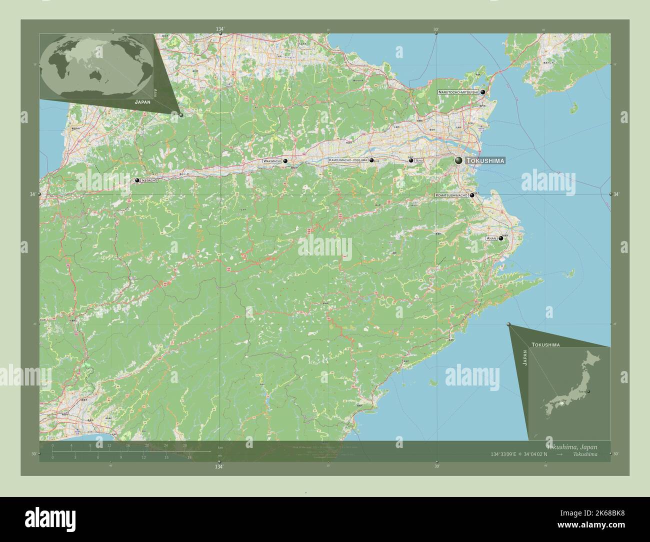 Tokushima, prefecture of Japan. Open Street Map. Locations and names of ...