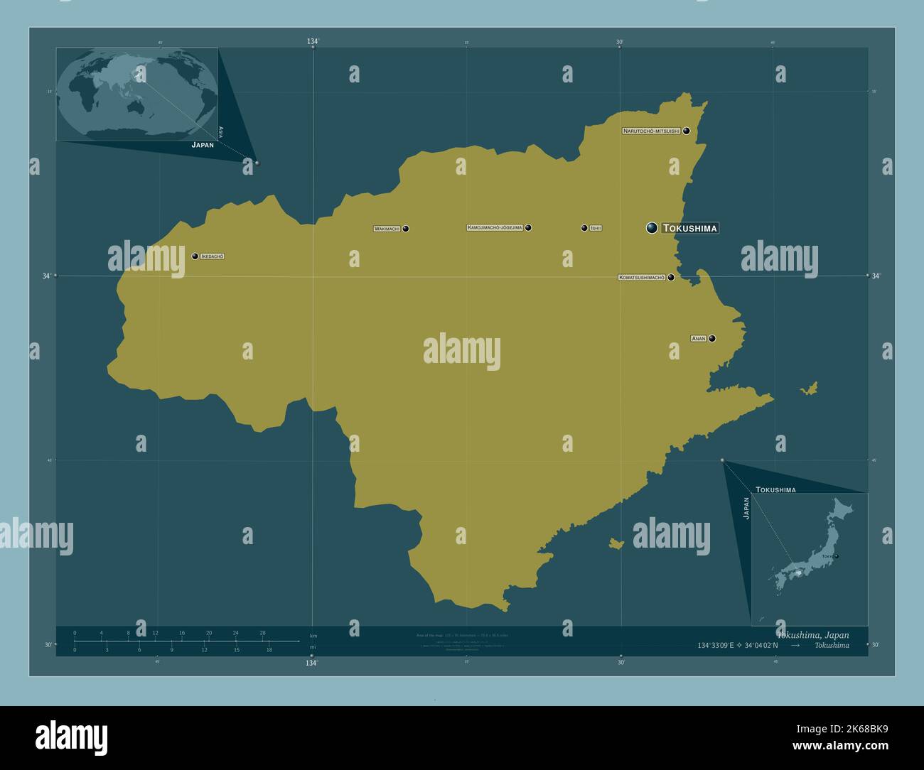 Tokushima, prefecture of Japan. Solid color shape. Locations and names ...