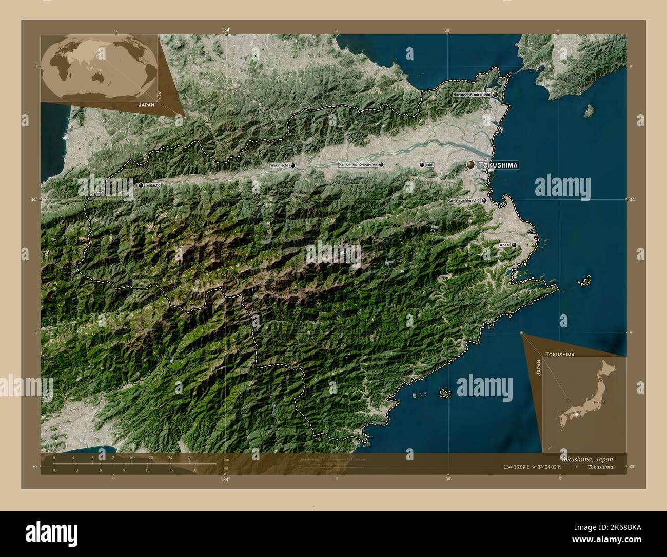 Tokushima, prefecture of Japan. Low resolution satellite map. Locations ...
