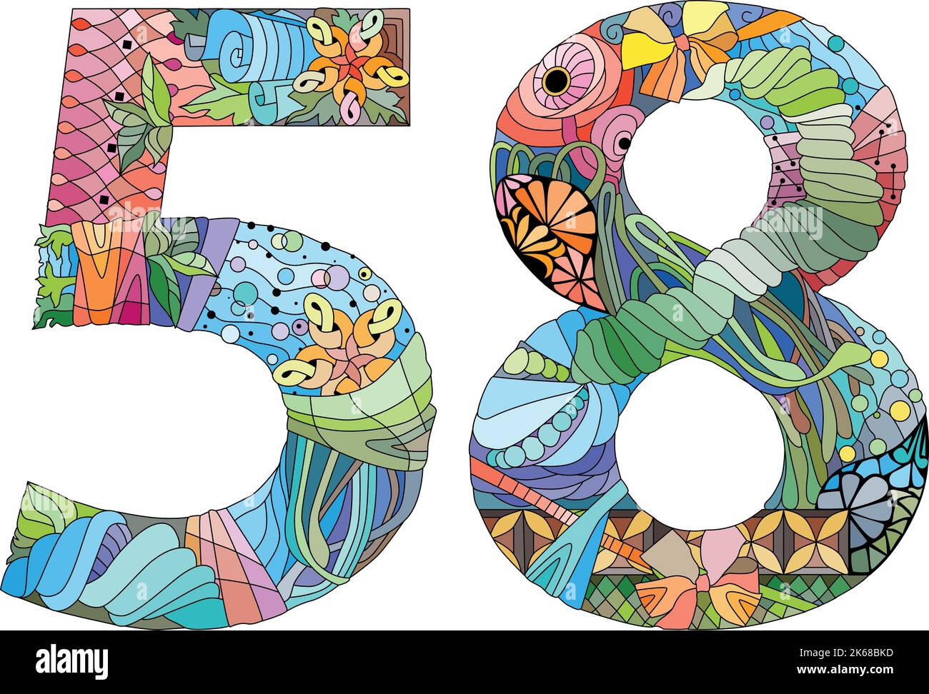 Fifty-eight number Isolated zentangle illustration for decoration Stock ...