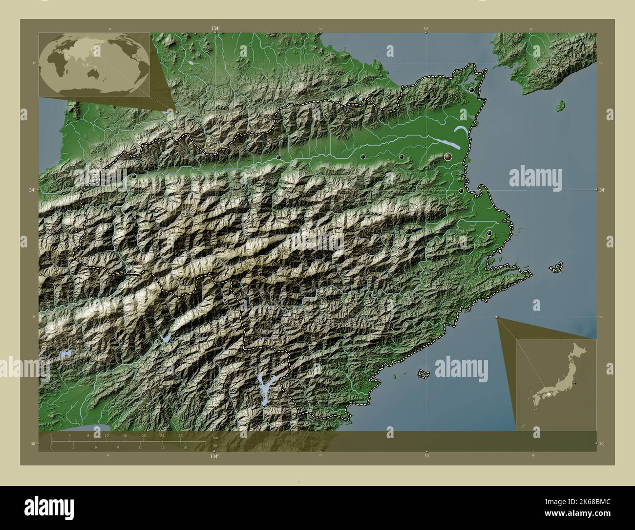 Tokushima, prefecture of Japan. Elevation map colored in wiki style ...