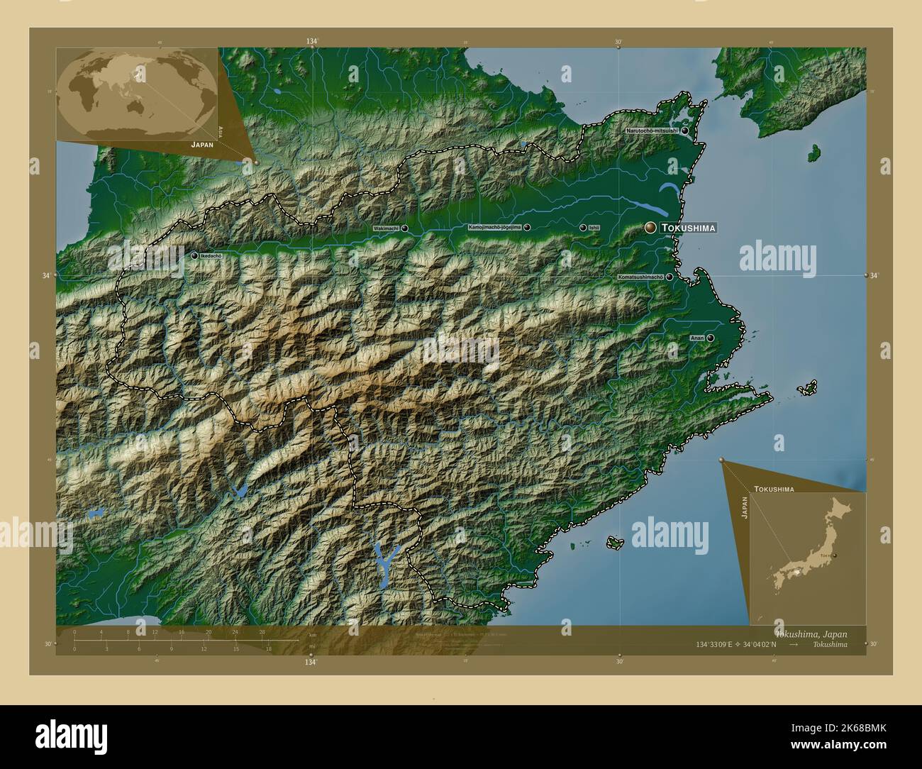 Tokushima, prefecture of Japan. Colored elevation map with lakes and ...