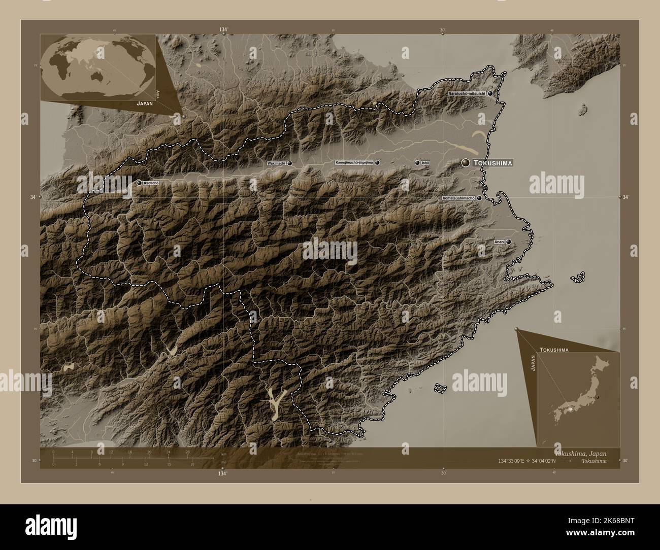 Tokushima, prefecture of Japan. Elevation map colored in sepia tones ...