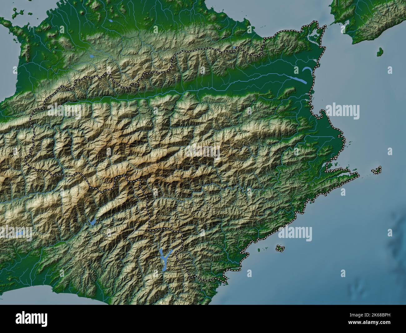 Tokushima, prefecture of Japan. Colored elevation map with lakes and ...