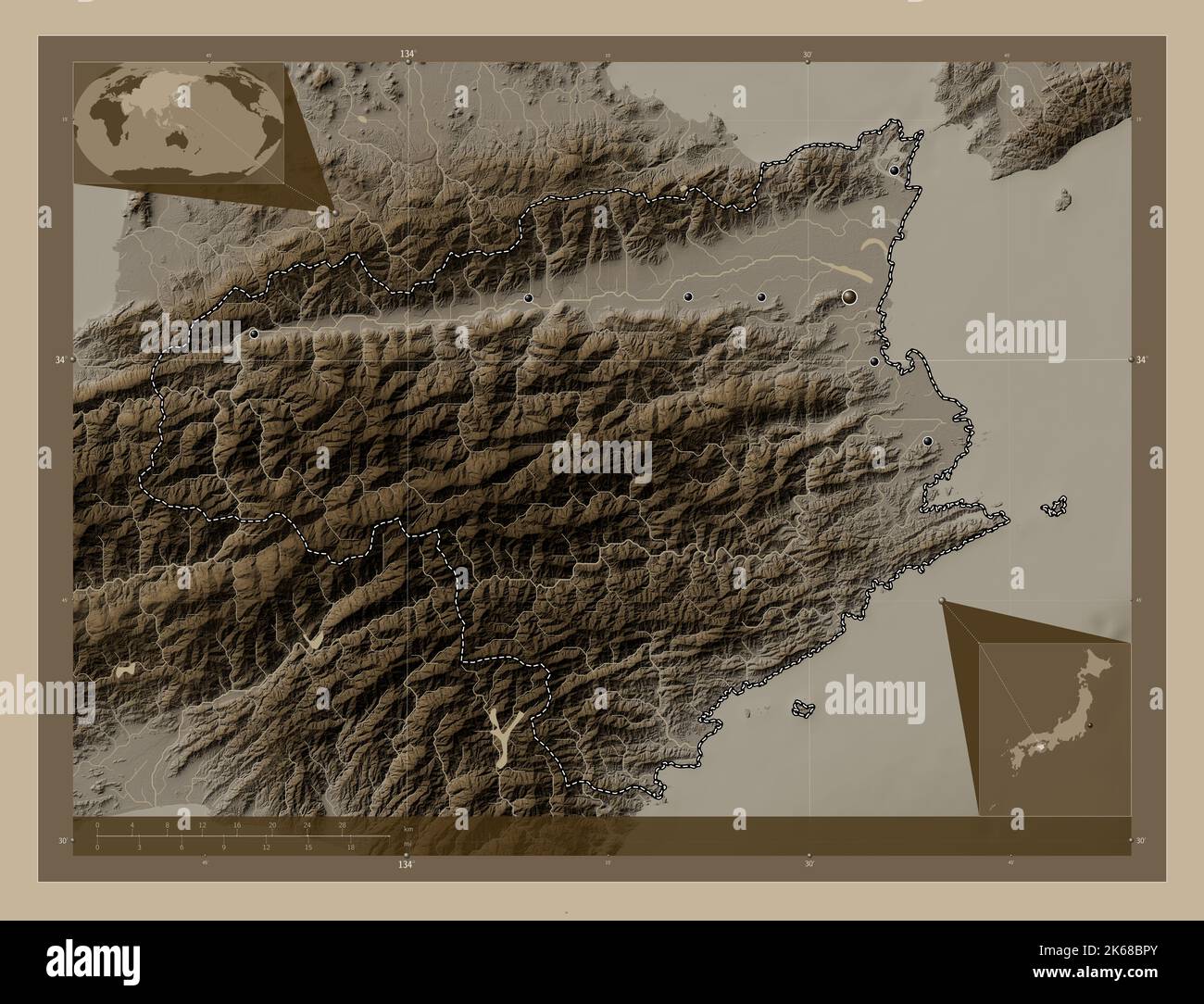 Tokushima, prefecture of Japan. Elevation map colored in sepia tones ...